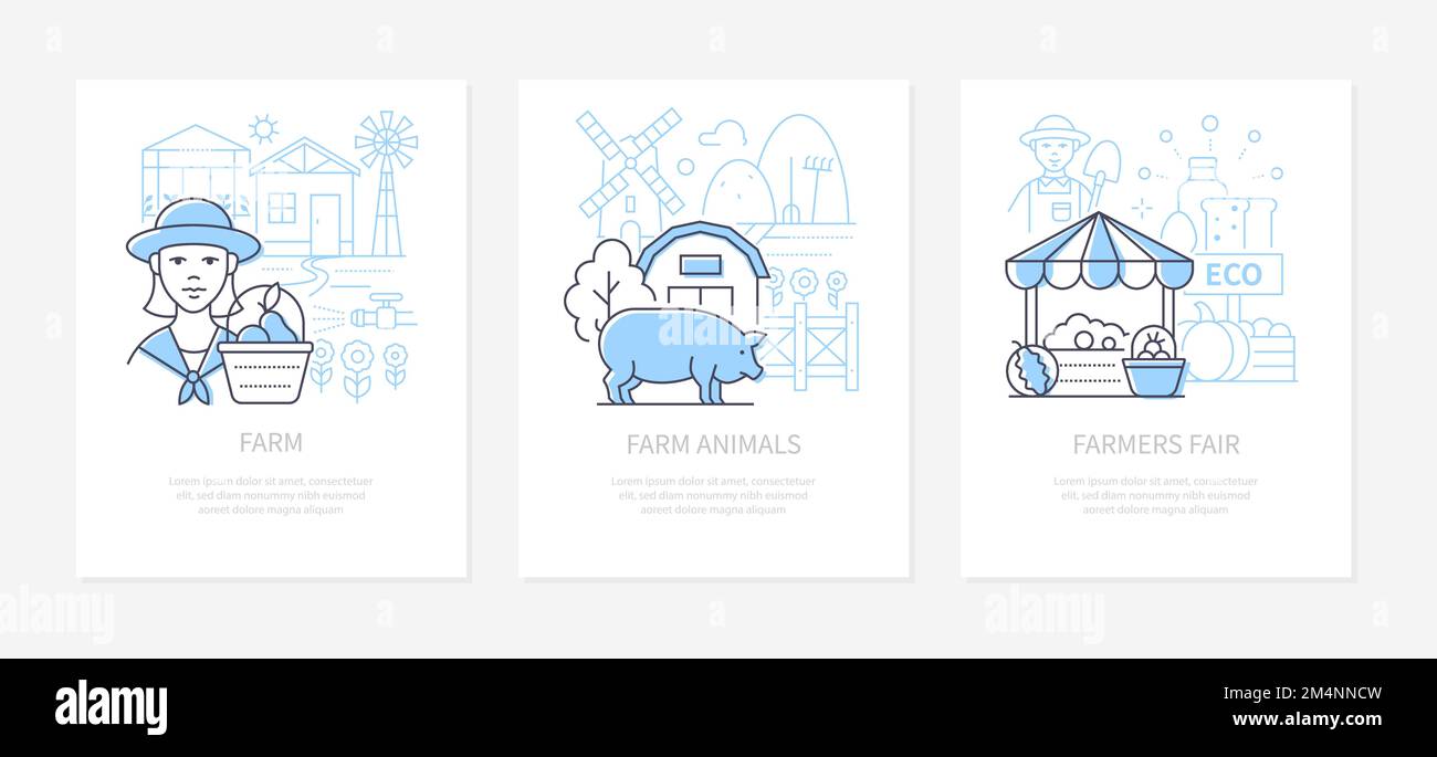 Farm animals and fair - line design style banners set Stock Vector ...