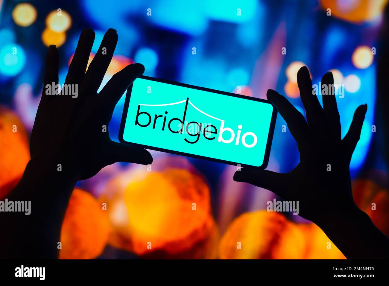 In this photo illustration, the BridgeBio Pharma logo is displayed on a ...