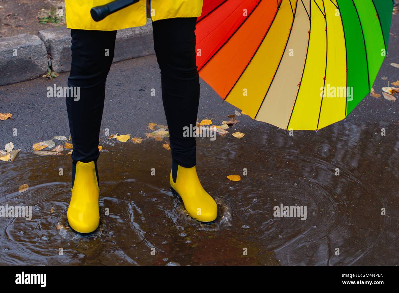 the multi-colored umbrella and yellow boots in a puddle Stock Photo - Alamy