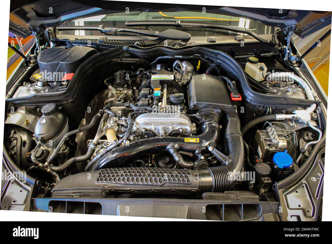 Bremen, Germany 2013. Mercedes Benz car engine, photo from above open engine hood, Bremen ...