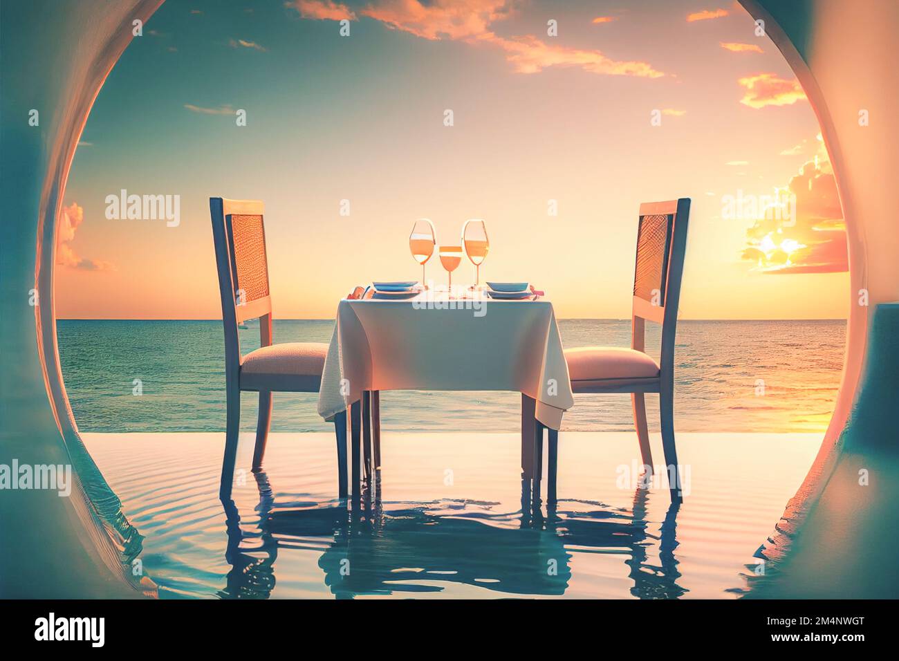 Romantic couple diner outdoor table with infinity pool and seascape ...