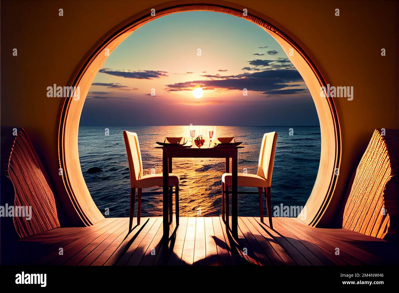 Romantic couple diner outdoor table with infinity pool and seascape ...