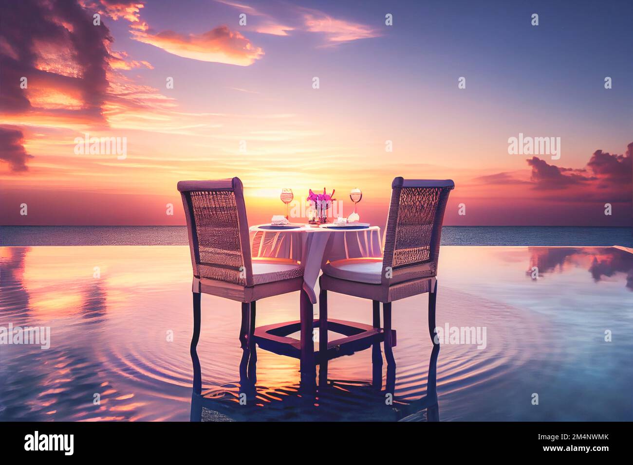 Romantic couple diner outdoor table with infinity pool and seascape ...