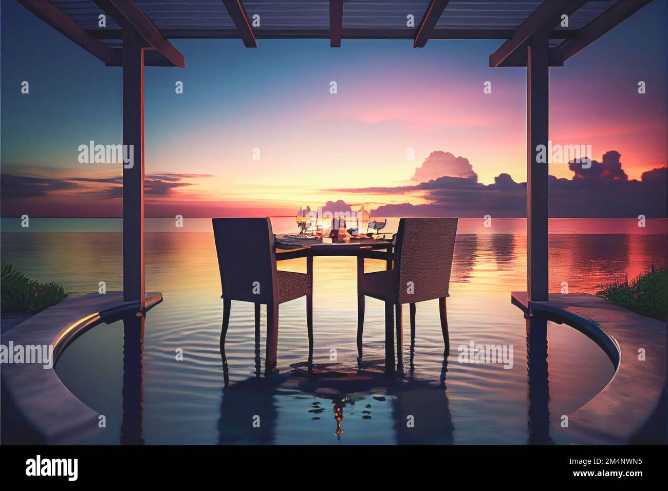 Romantic couple diner outdoor table with infinity pool and seascape ...