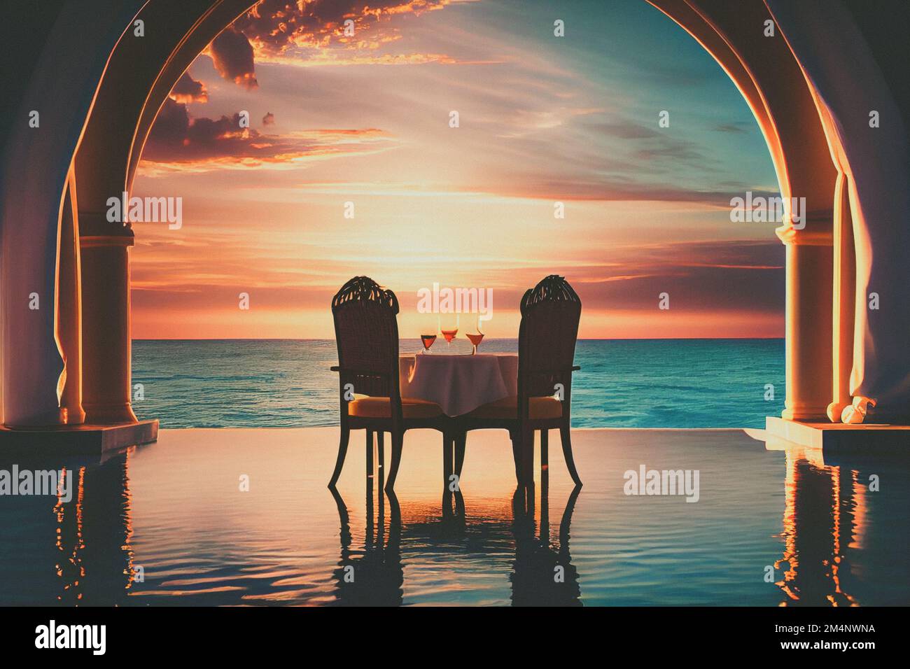 Romantic couple diner outdoor table with infinity pool and seascape ...