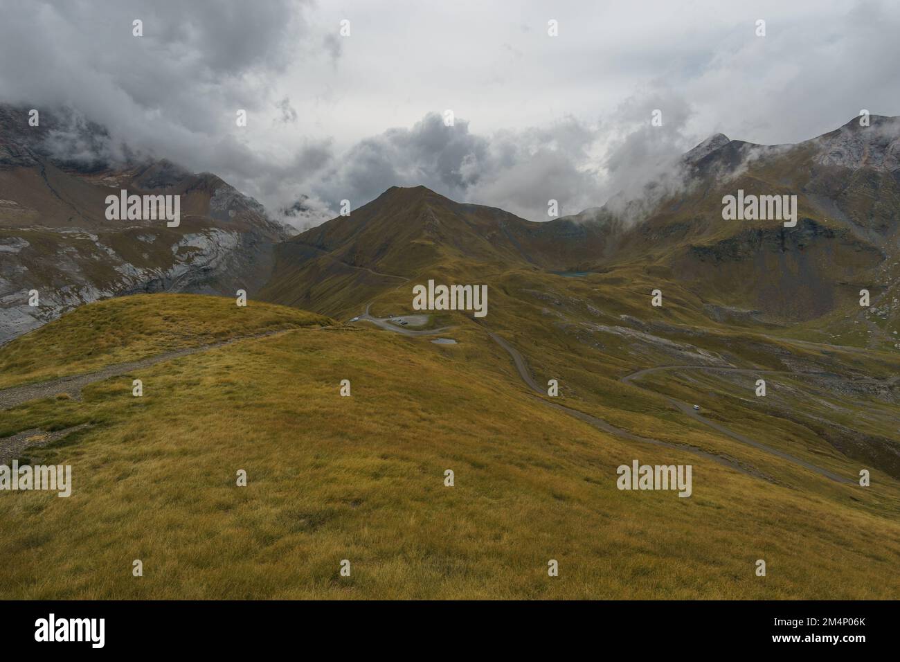 Beautiful mountain landscape near Gavarnie with pass road Col de Tentes ...
