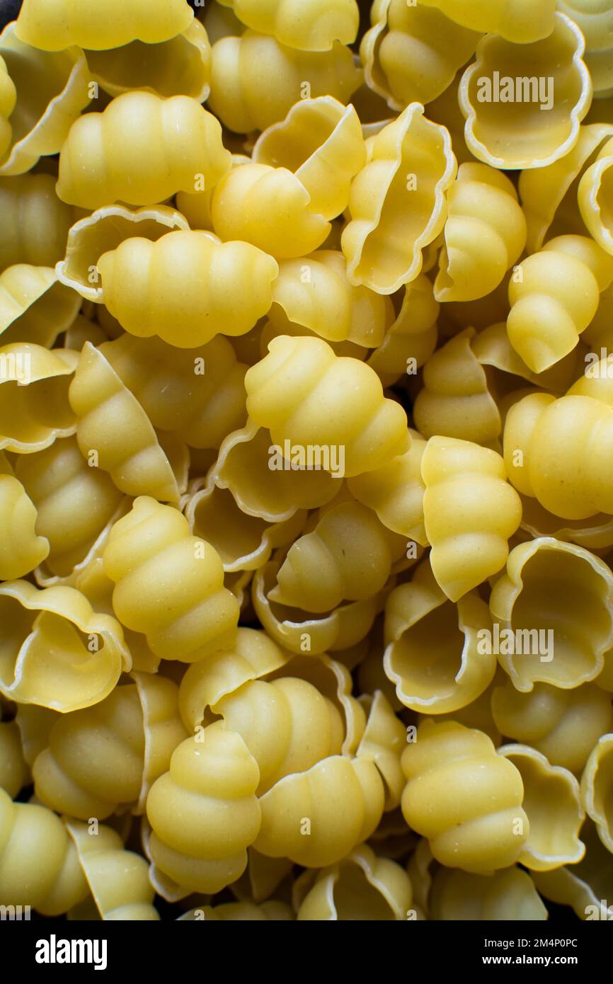 Flat lay of uncooked Gnocchetti pasta shells, top view of gnocchi pasta ...