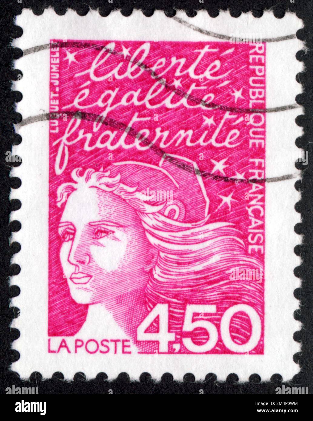 TIMBRE OBLITÉRÉ ROUGE LIBERTÉ ÉGALITÉ FRATERNITÉ. RÉPUBLIQUE FRANÇAISE ...