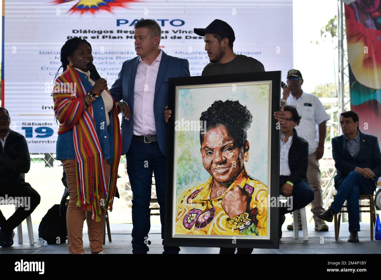 Colombian vice-president Francia Marquez receives a portrait painting ...