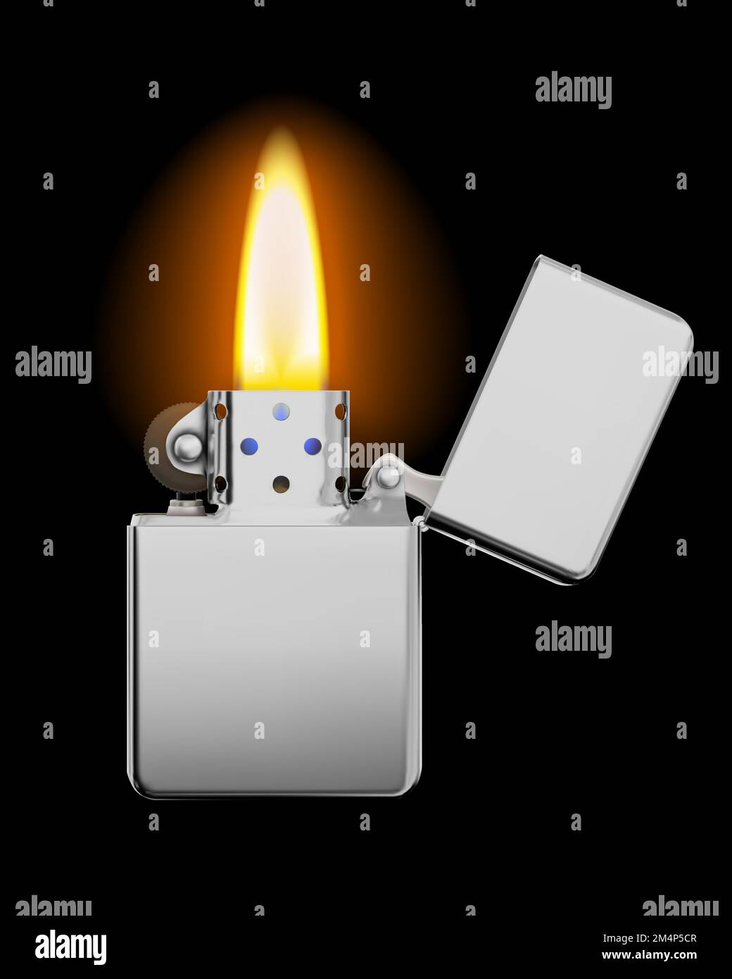 Metallic luxury lighter with open cover and transparent flame lit ...