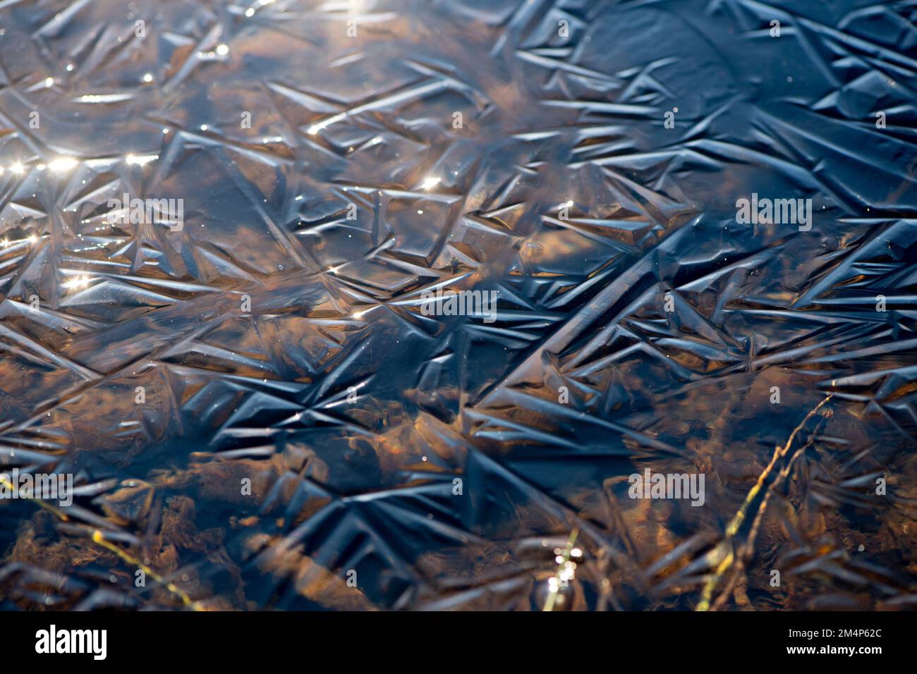 Ice patterns form on a New Forest Stream shown by catching the winter ...