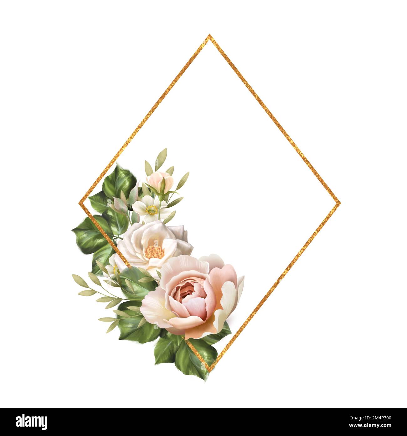 Golden rhombus frame with rose flowers. Floral Wedding card decor Stock ...