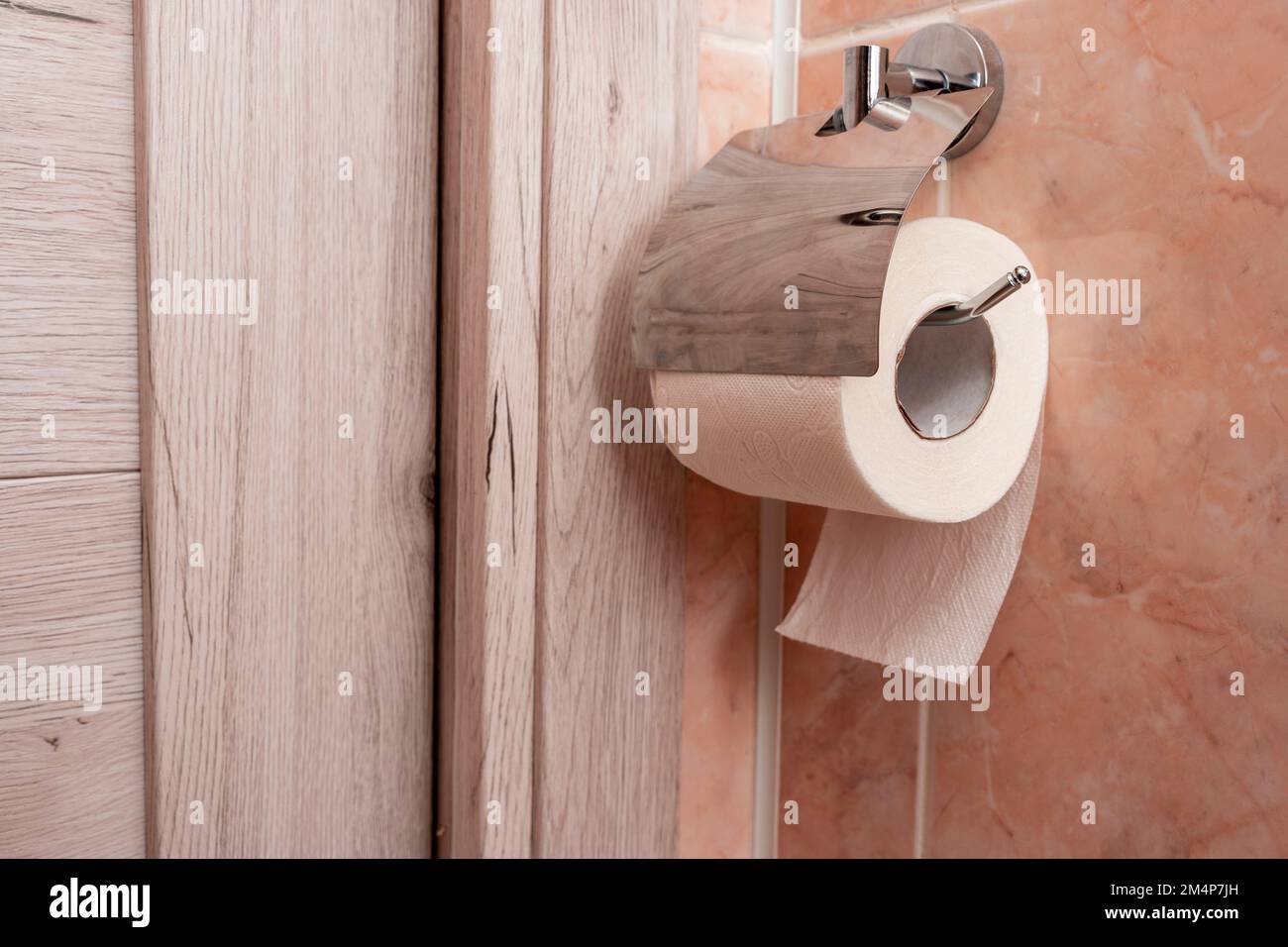 a roll of toilet paper hanging in a holder in the toilet Stock Photo ...