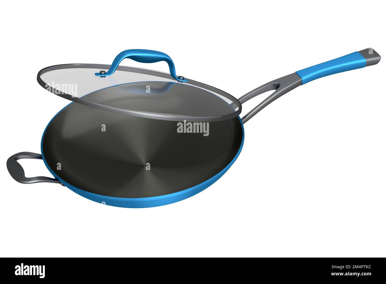 Frying pan with glass lid on white background. 3d render of non-stick ...