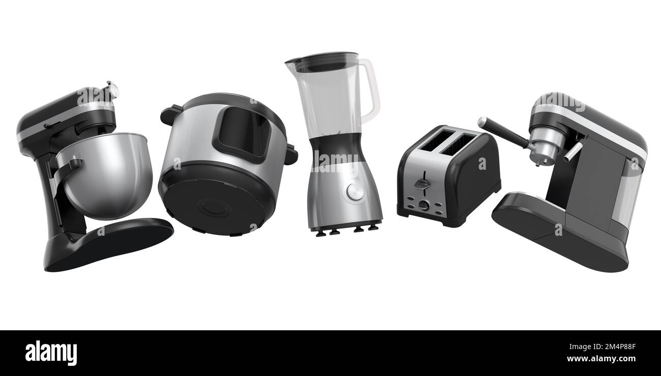 Electric kitchen appliances and utensils for making breakfast on white ...