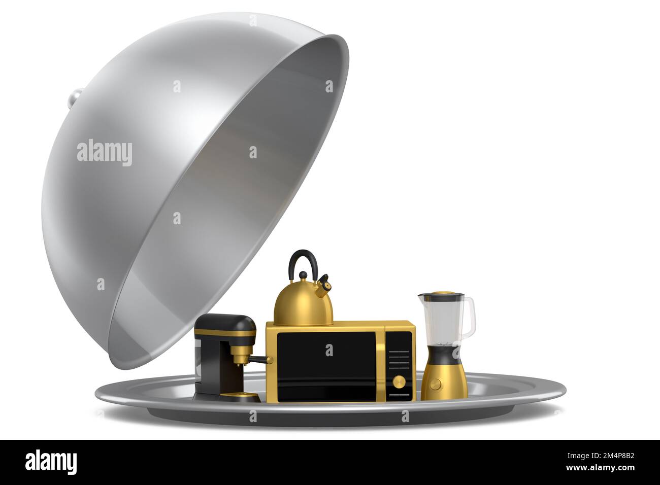 Electric kitchen appliances and utensils on silver tray with cloche on ...