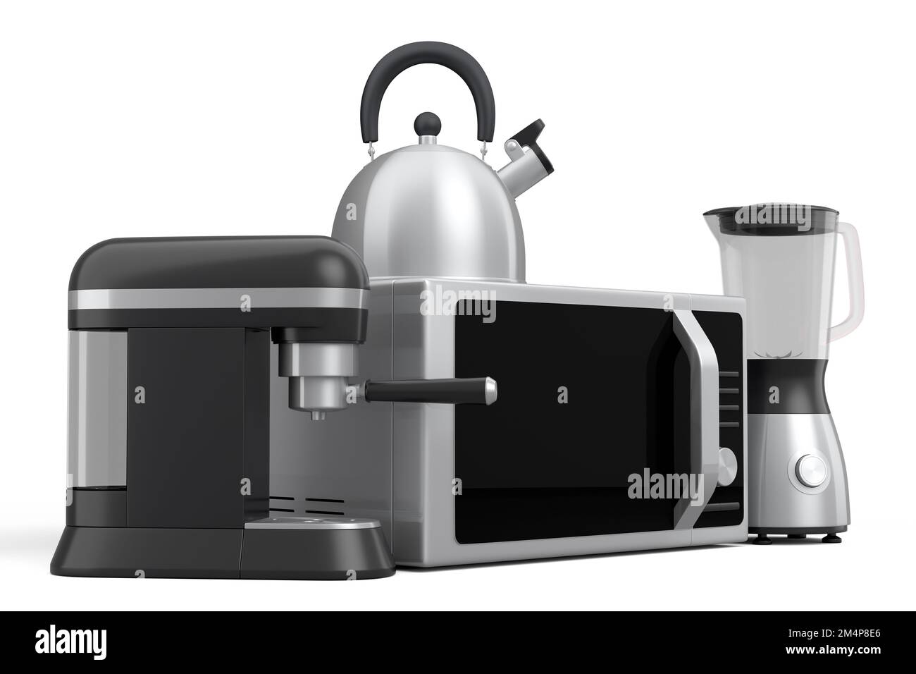 Electric kitchen appliances and utensils for making breakfast on white ...