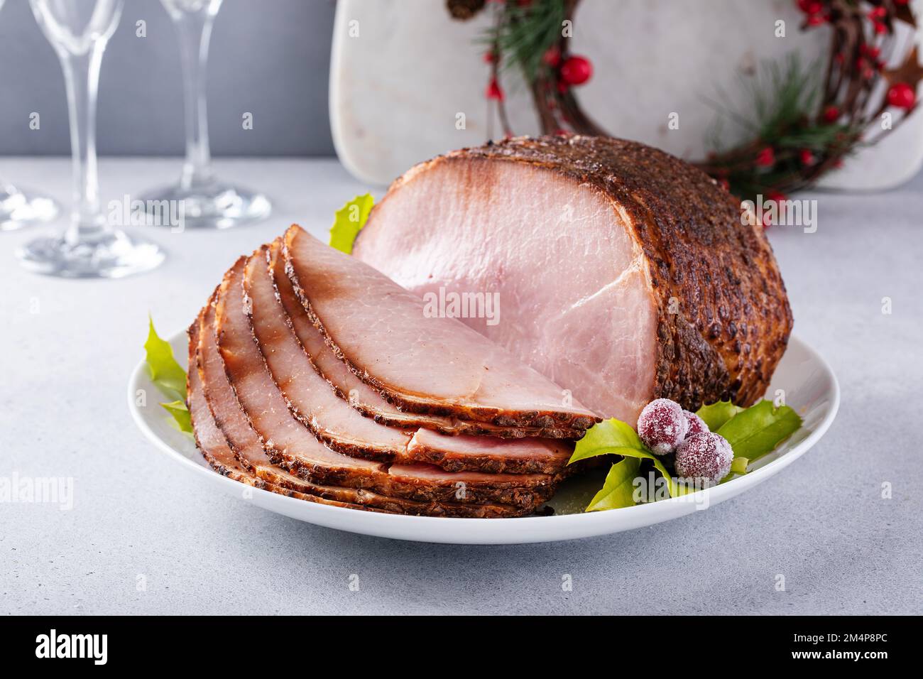Christmas ham for celebration dinner, spiral sliced ham on a serving ...