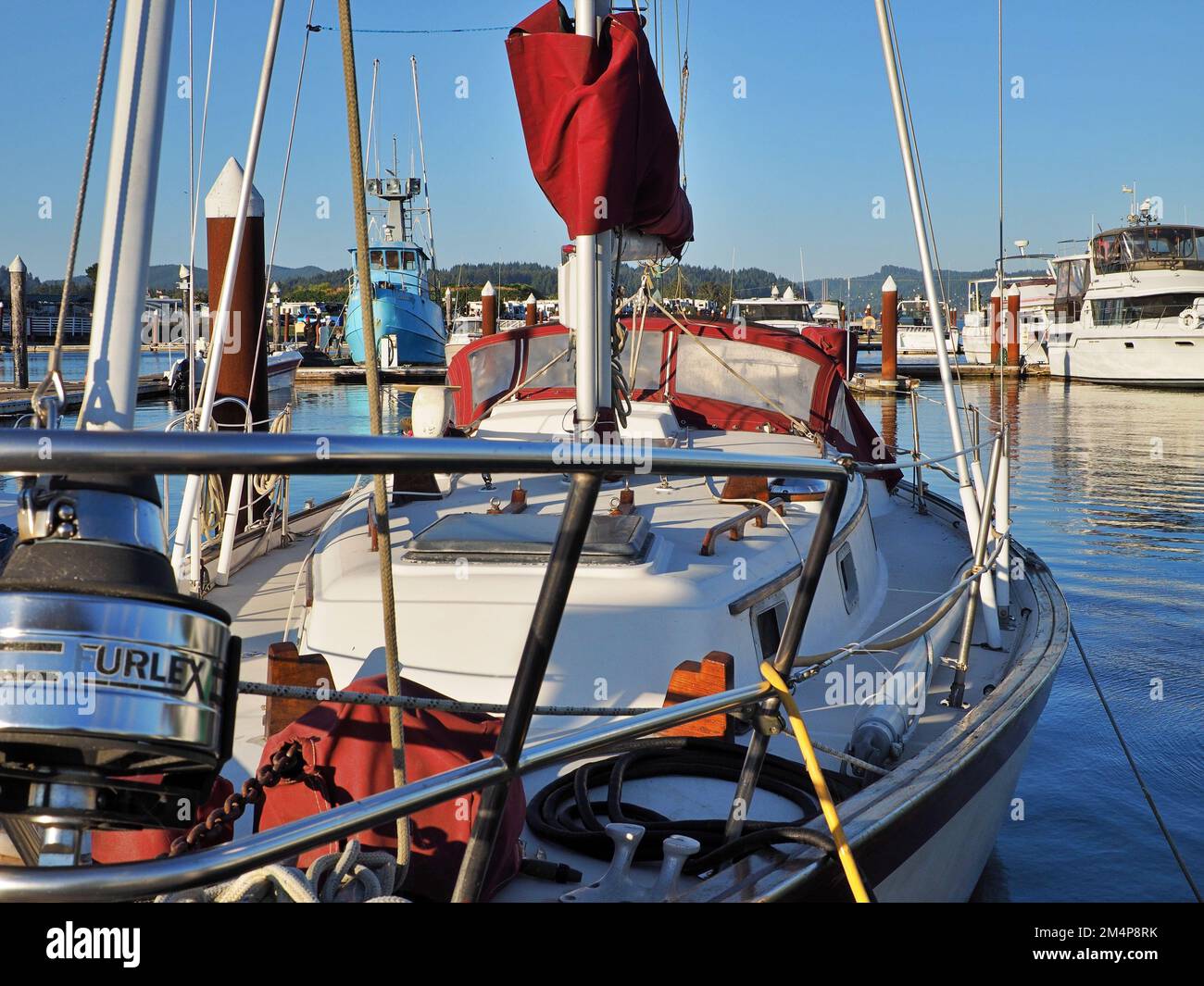 a Sailboat moored Florence Oregon Harbor on the Siuslaw River Stock ...