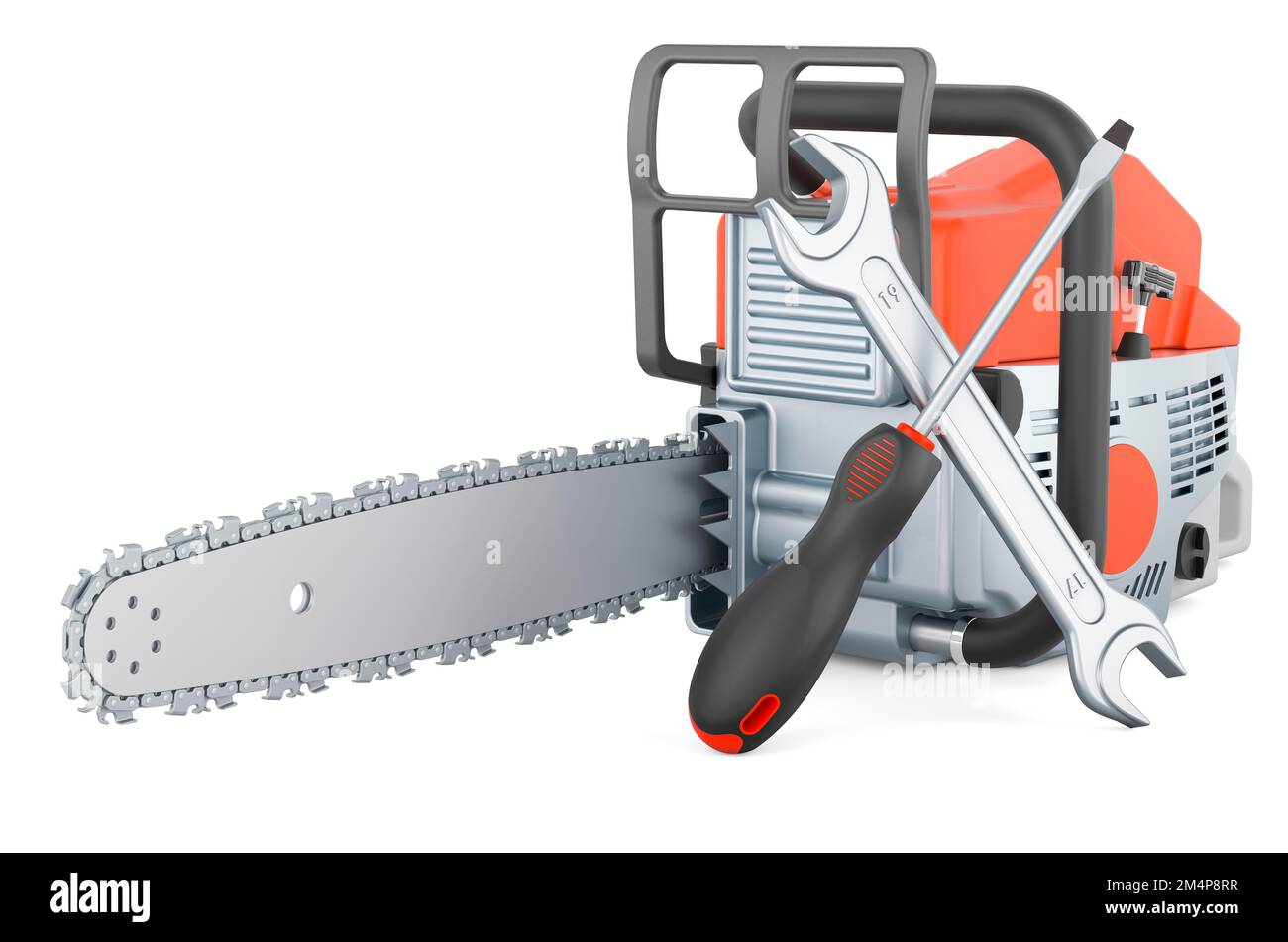 Chainsaw with screwdriver and wrench, 3D rendering isolated on white ...