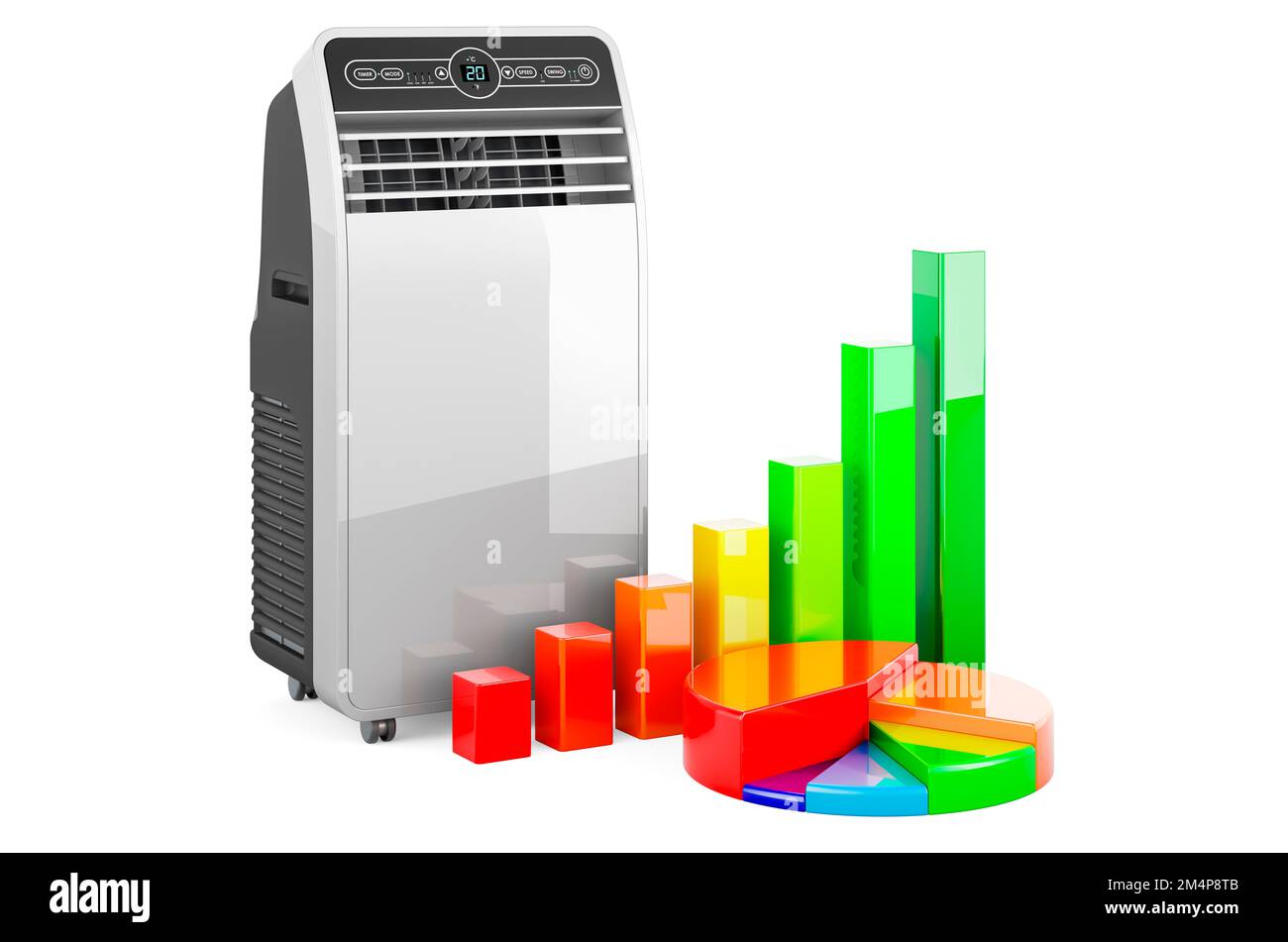 Portable conditioner with growth bar graph and pie chart, 3D rendering ...
