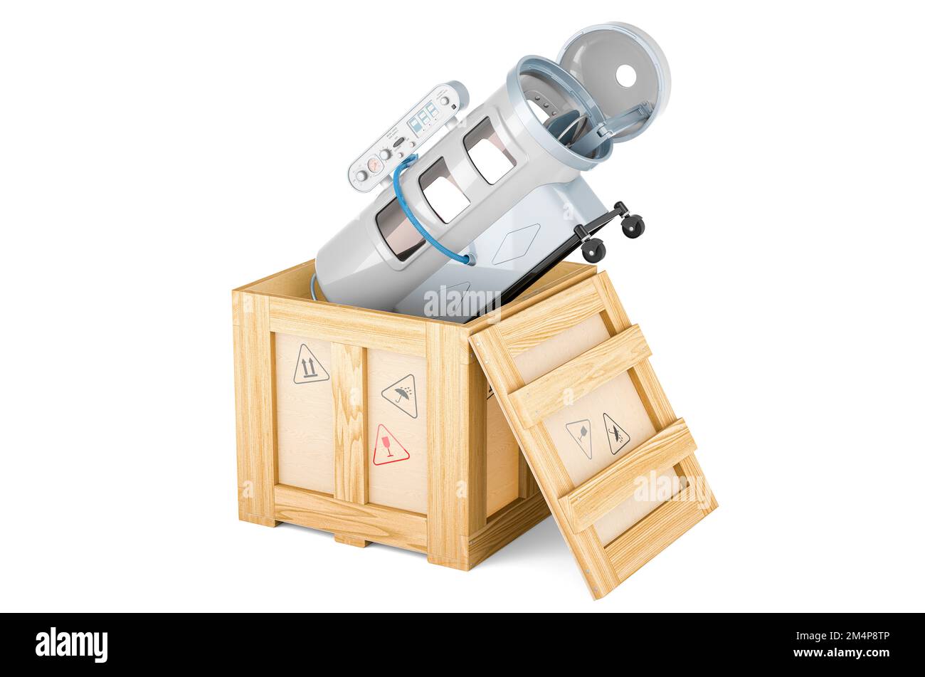 Hyperbaric chamber inside wooden box, delivery concept. 3D rendering ...