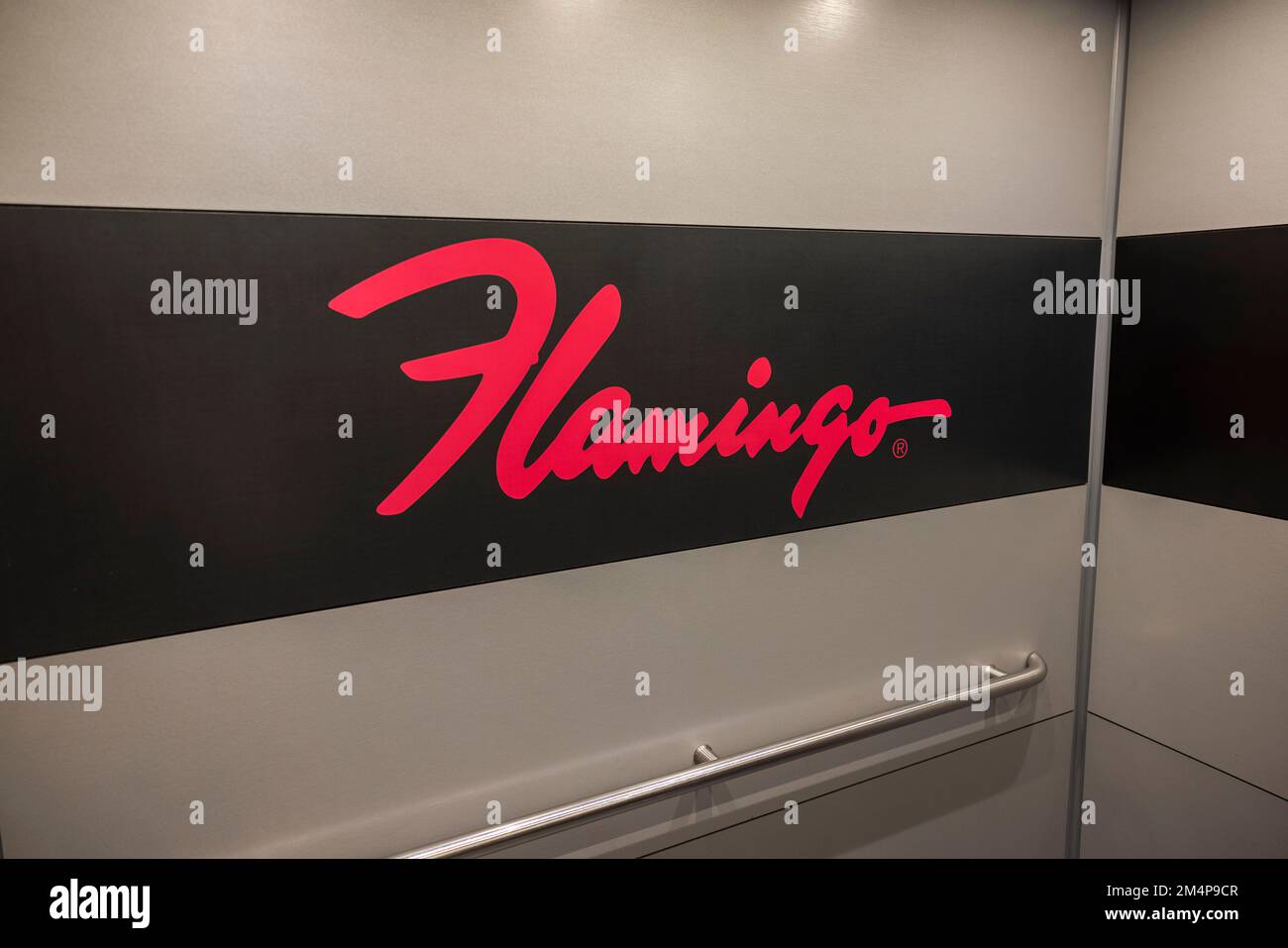 Close-up view of Flamingo hotel logo on inside wall of elevator. Las ...