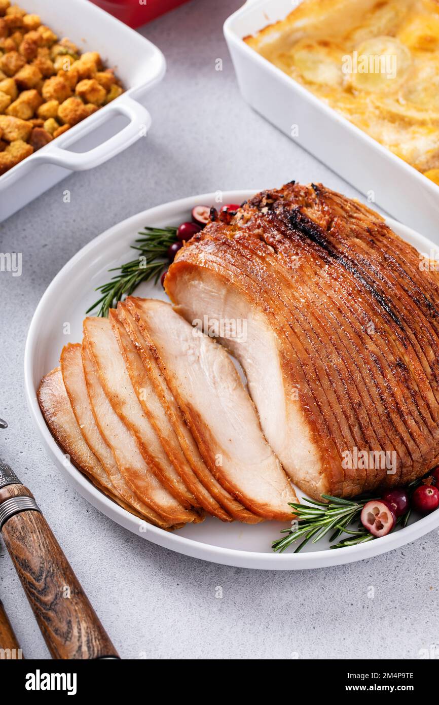 Christmas roasted turkey with all the side dishes, potato gratin and ...