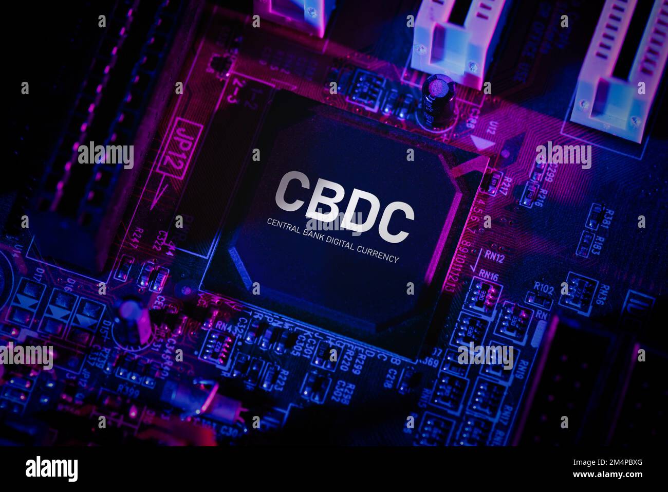CBDC - central bank digital currency technology. Computer chip on ...