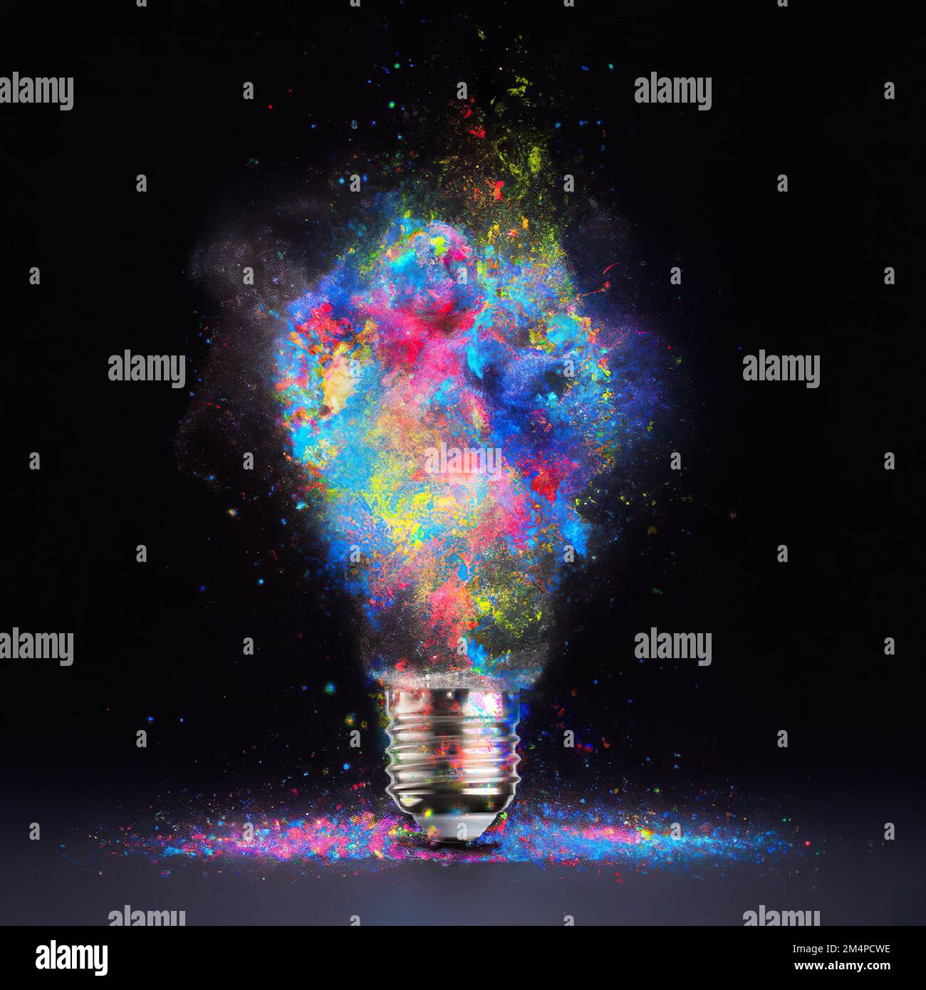 Light bulb shaped colorful powder explosion on a black background Stock ...