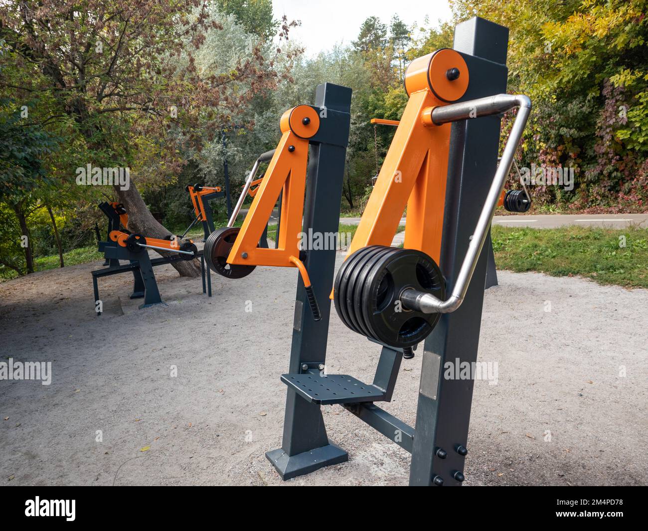 Outdoor sports ground with hands weight training equipment in city park ...