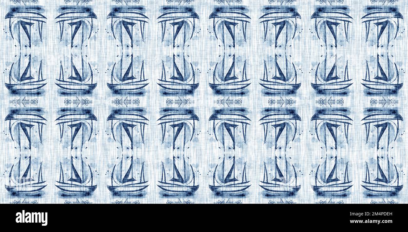 Indigo dye wash coastal damask seamless border pattern. Washed out ...