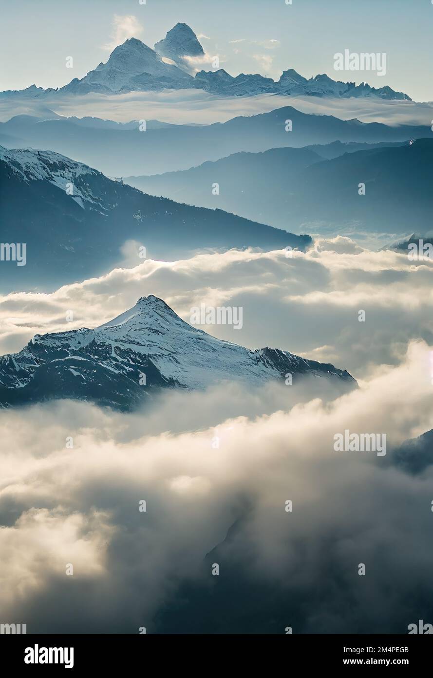 a mountain range covered in clouds and mists in the distance is the sun shining on the mountain ...