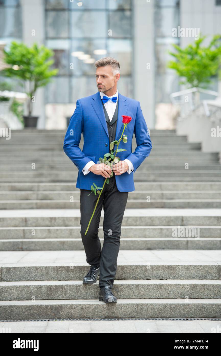elegant man in tuxedo at romantic occasion. man with romantic present ...