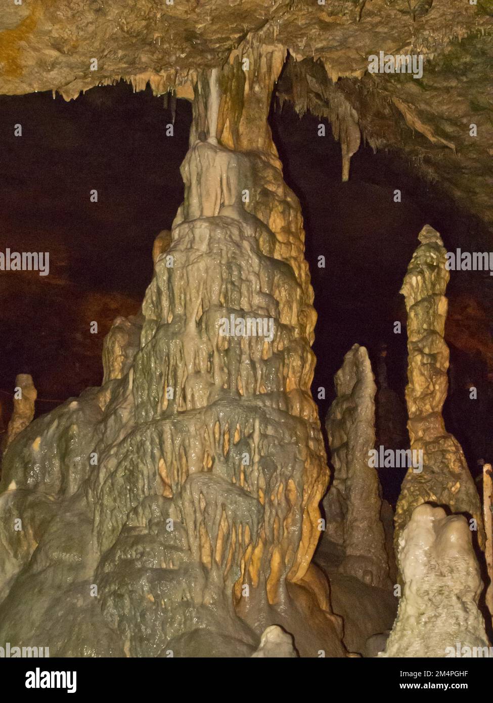 Stalagnate and stalagmite, Nebelhoehle, stalactite cave, Swabian Alb ...
