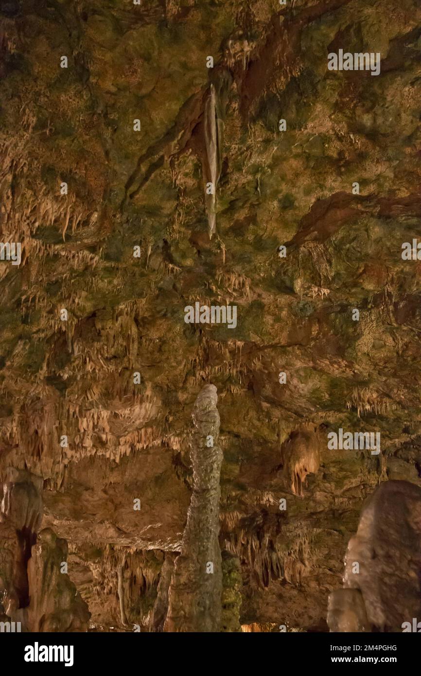 Stalagnate and stalagmite, Nebelhoehle, stalactite cave, Swabian Alb ...