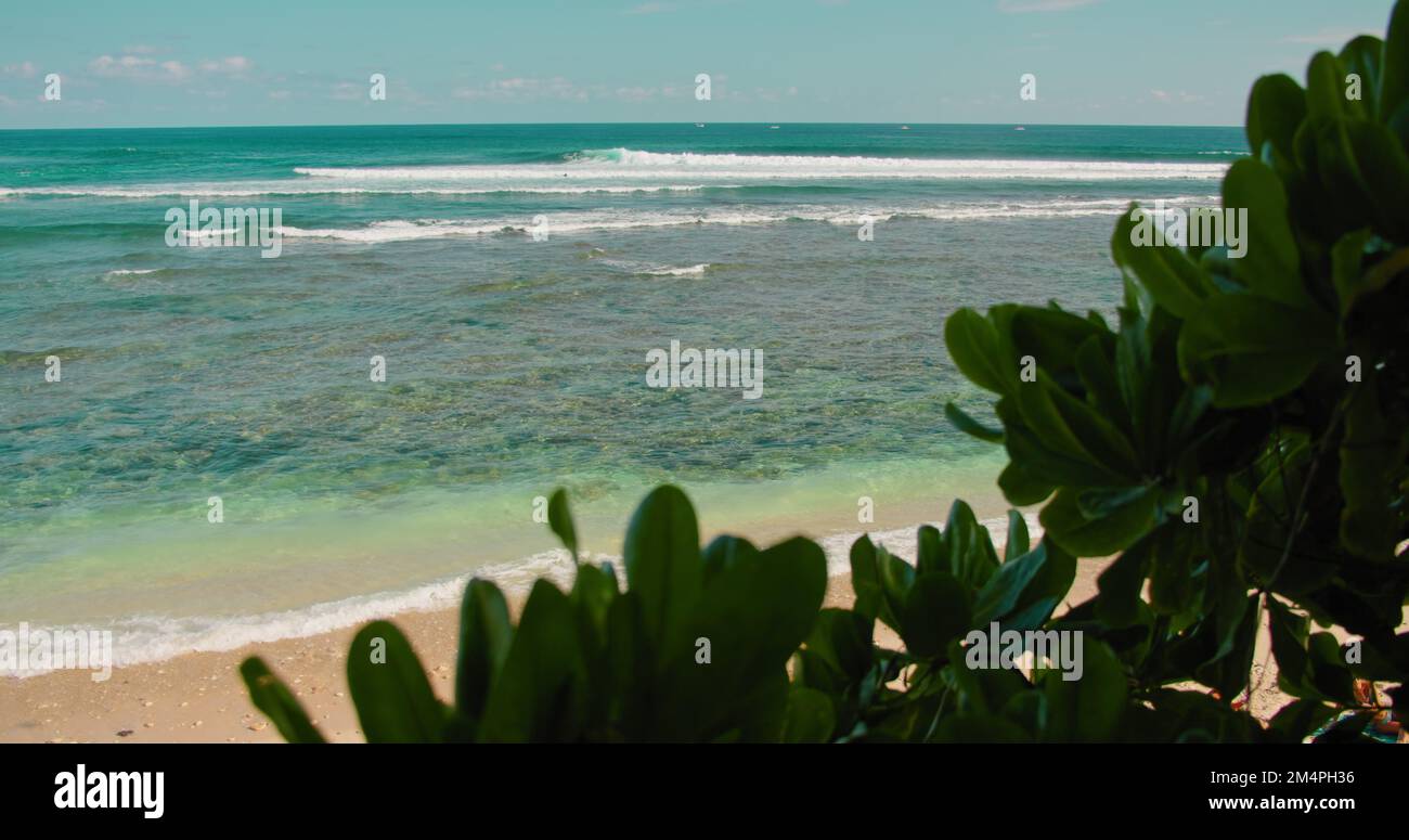 Relax ocean view with turquoise wide foam waves roll on white sandy ...