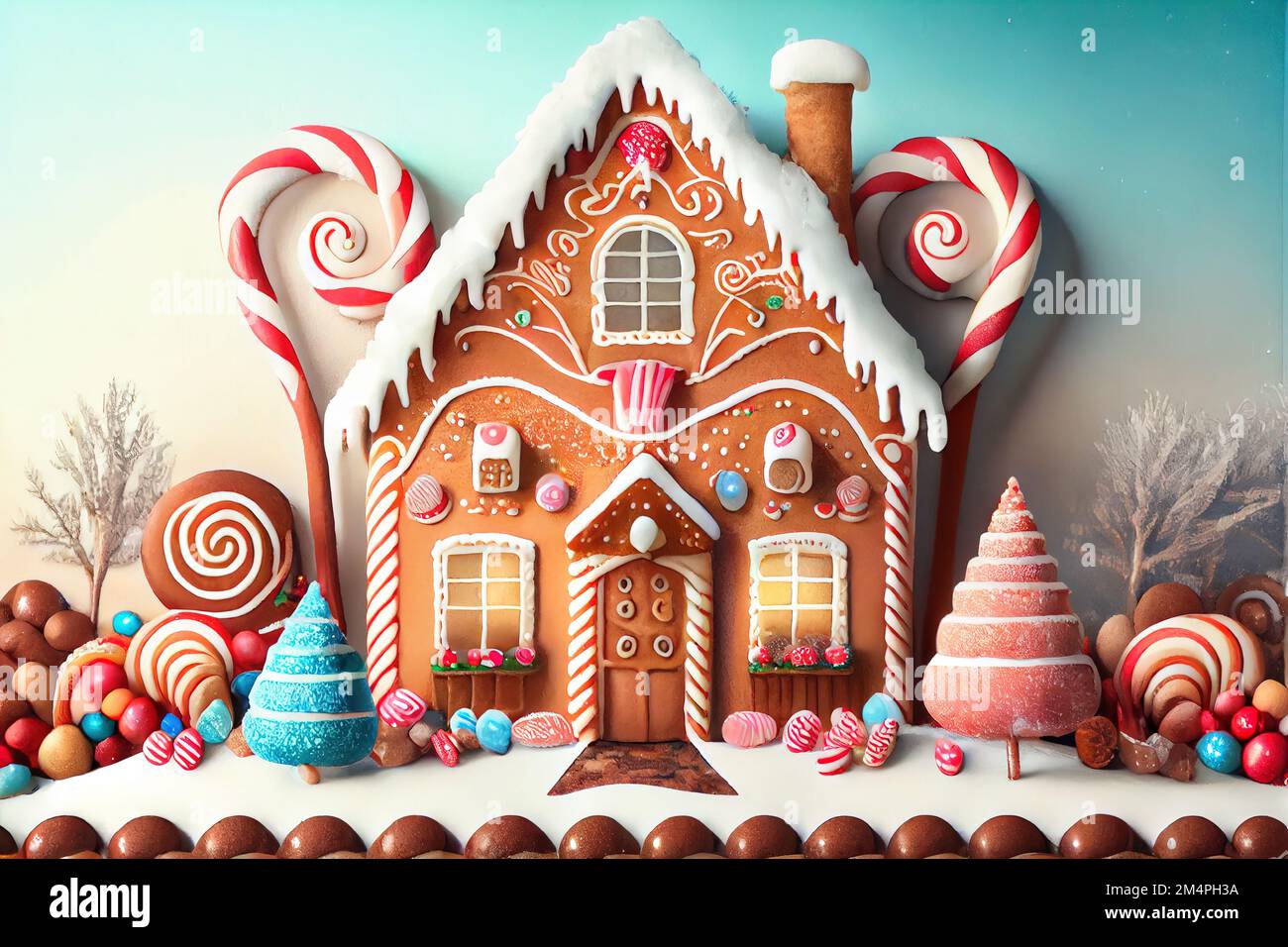 a gingerbread house with candy and candy canes around it and a blue sky ...