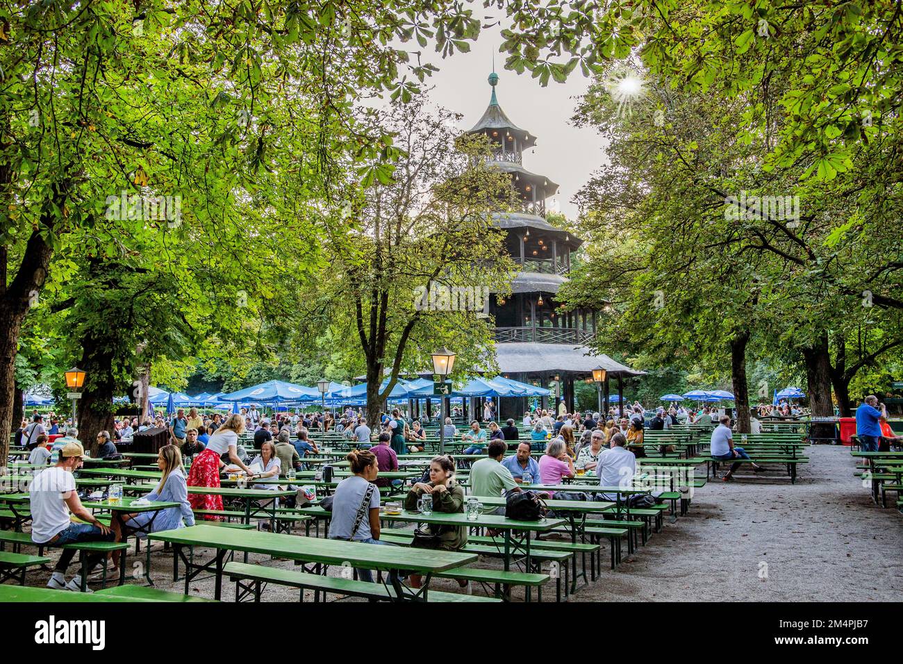 Beer garden at the Chinese Tower in the English Garden in the evening ...