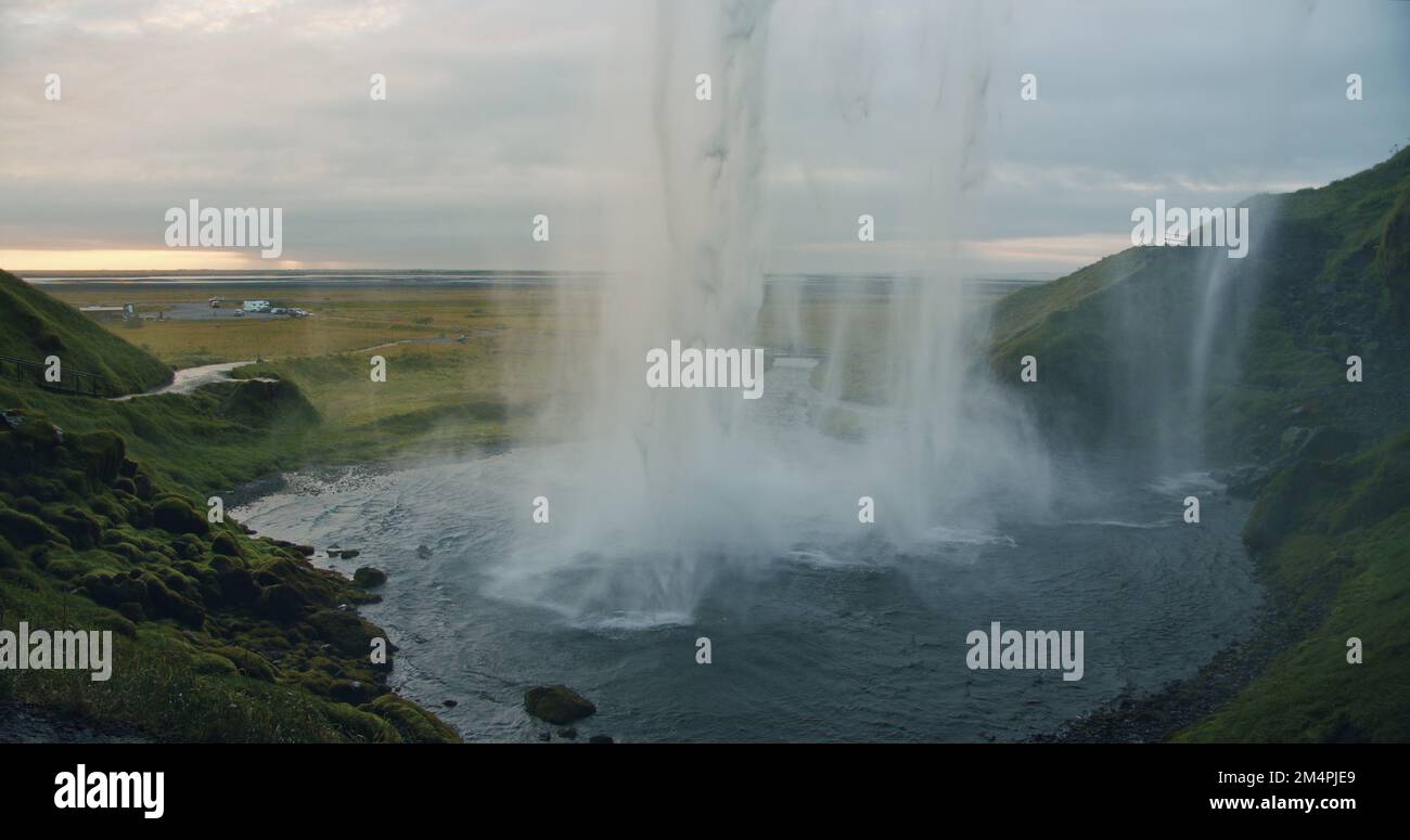 Close up of beautiful Seljalandfoss waterfall by sunset, Iceland Stock ...