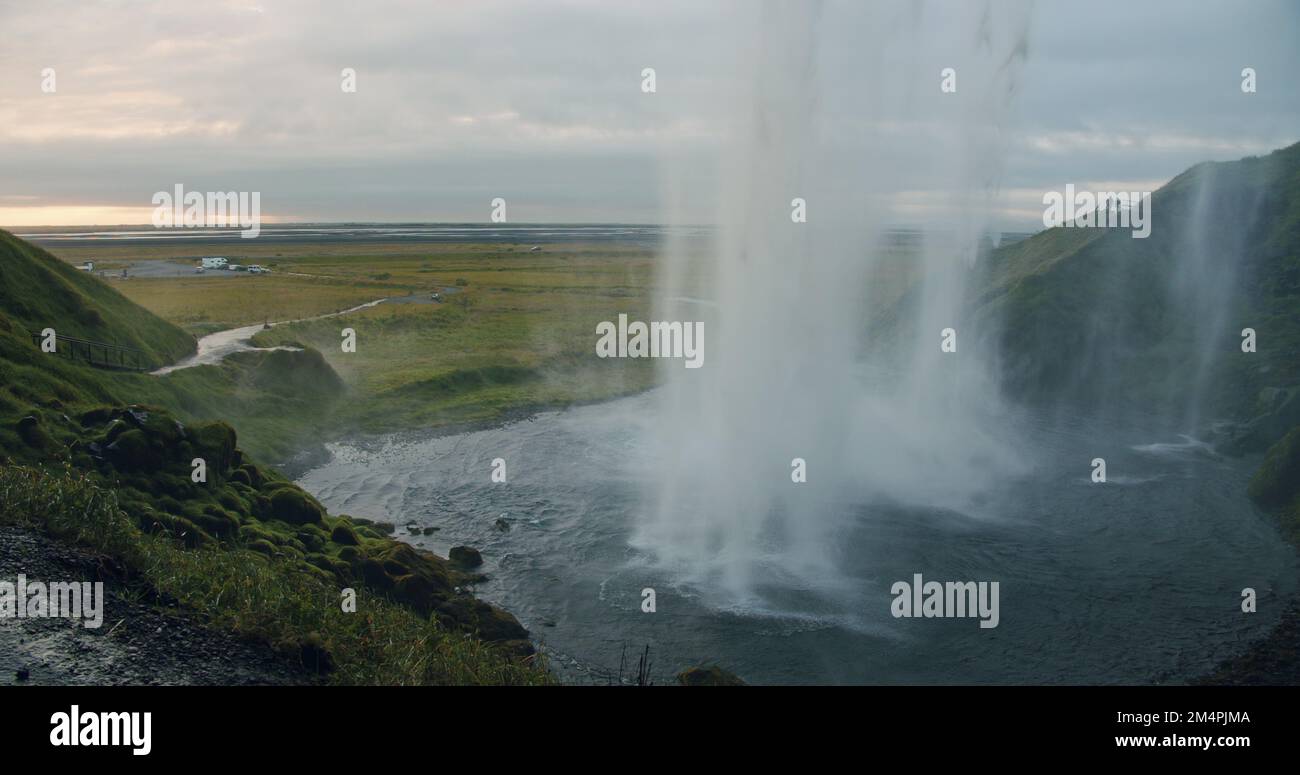 Close up of beautiful Seljalandfoss waterfall by sunset, Iceland Stock ...