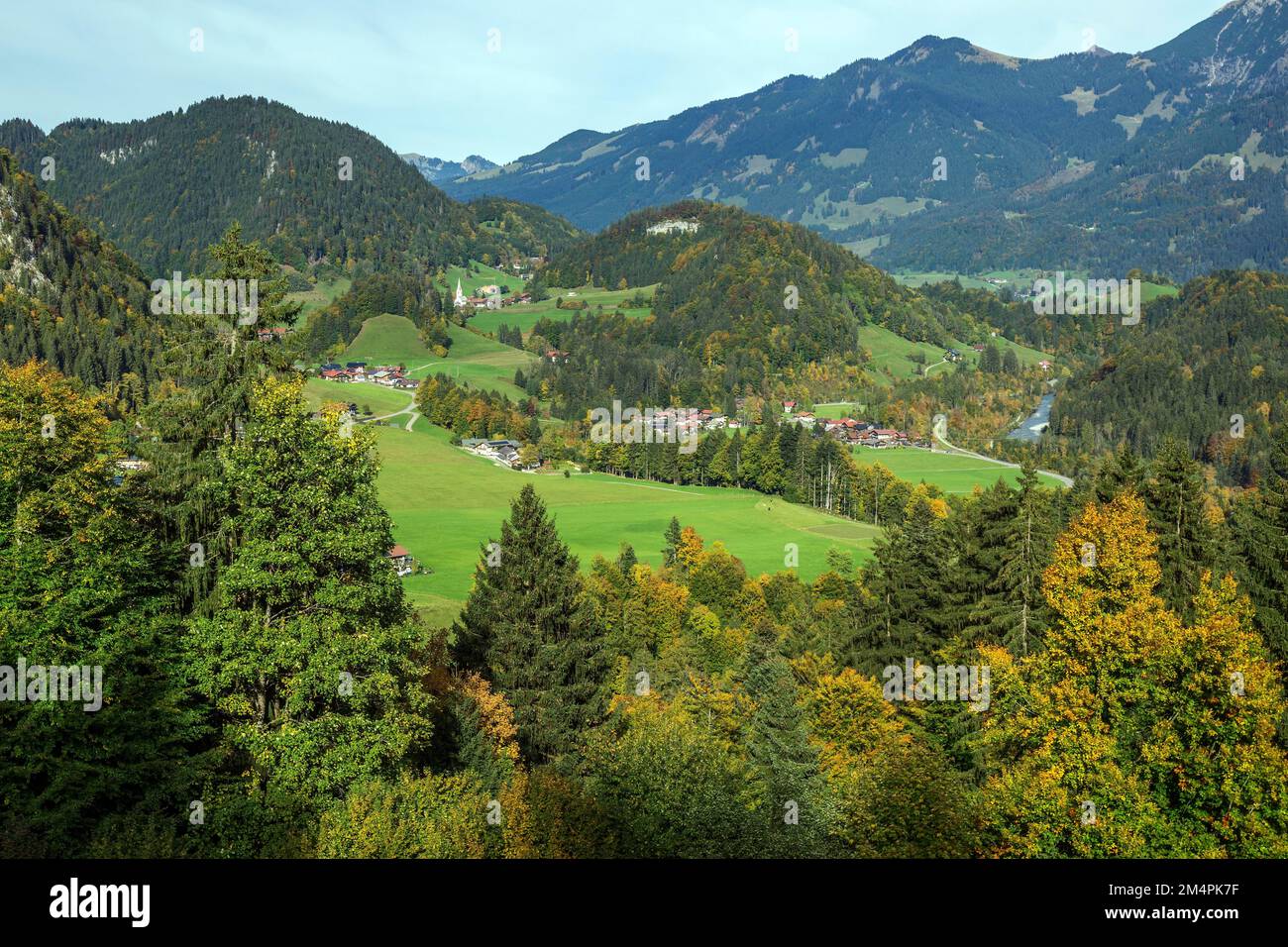 View of Tiefenbach and Illertal, autumn forest, Oberstdorf, Allgaeu ...