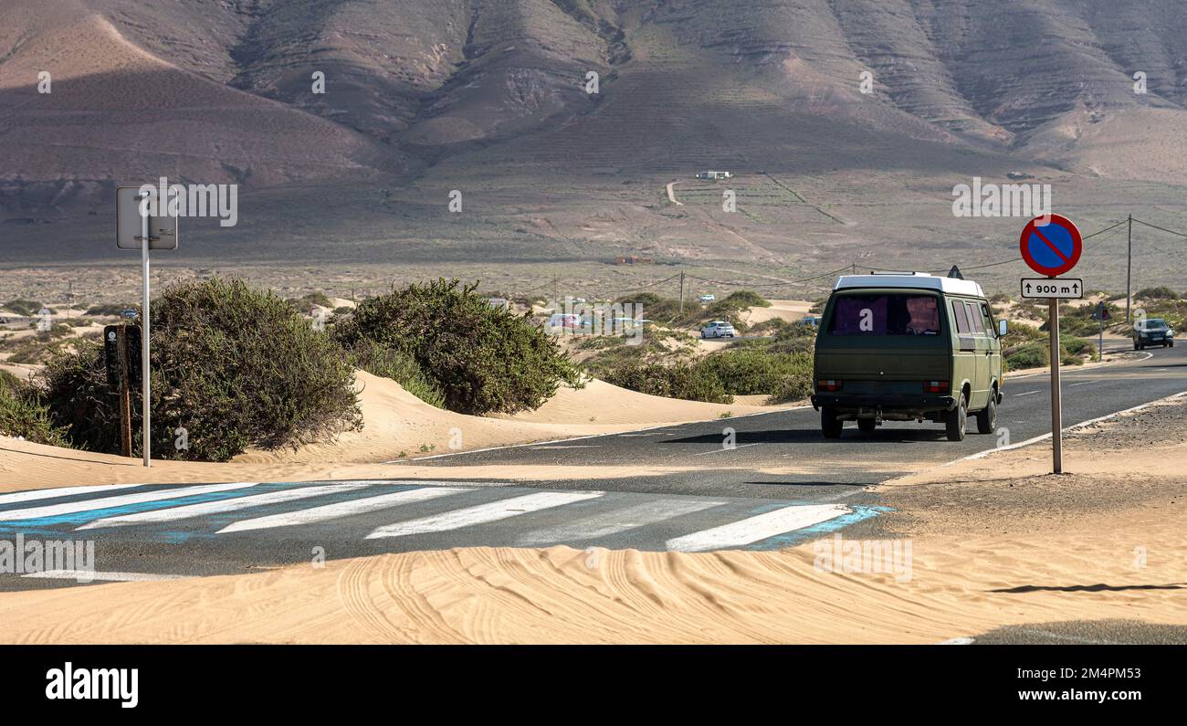 Sand dunes on the beach, Playa Famara, Lanzarote, Canary Islands, Spain ...