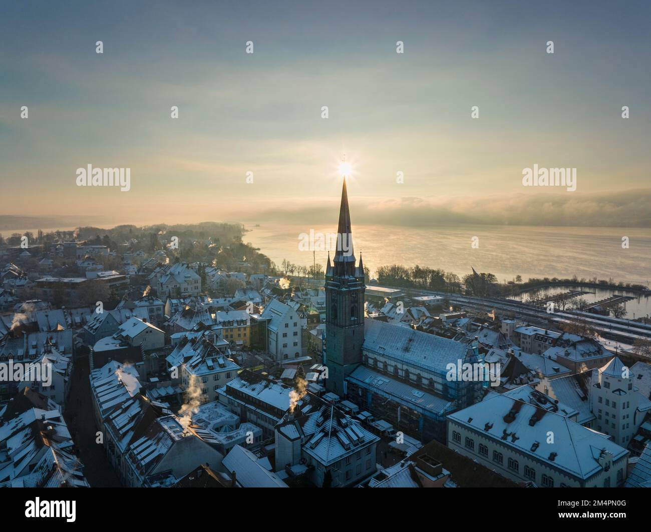Aerial view of the town of Radolfzell on Lake Constance in winter with ...