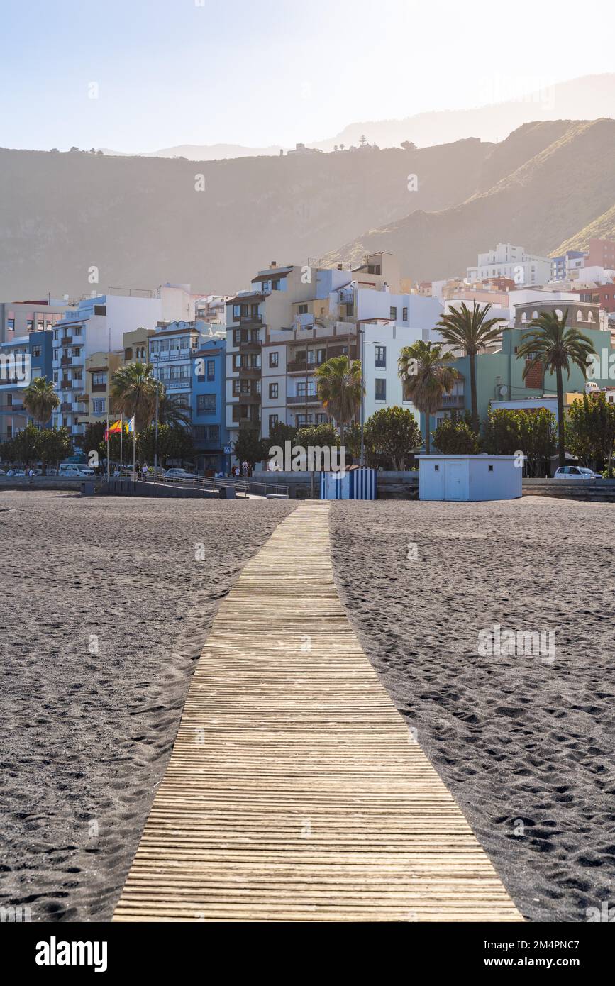 Wooden plank path on the beach of the capital Santa Cruz, La Palma ...