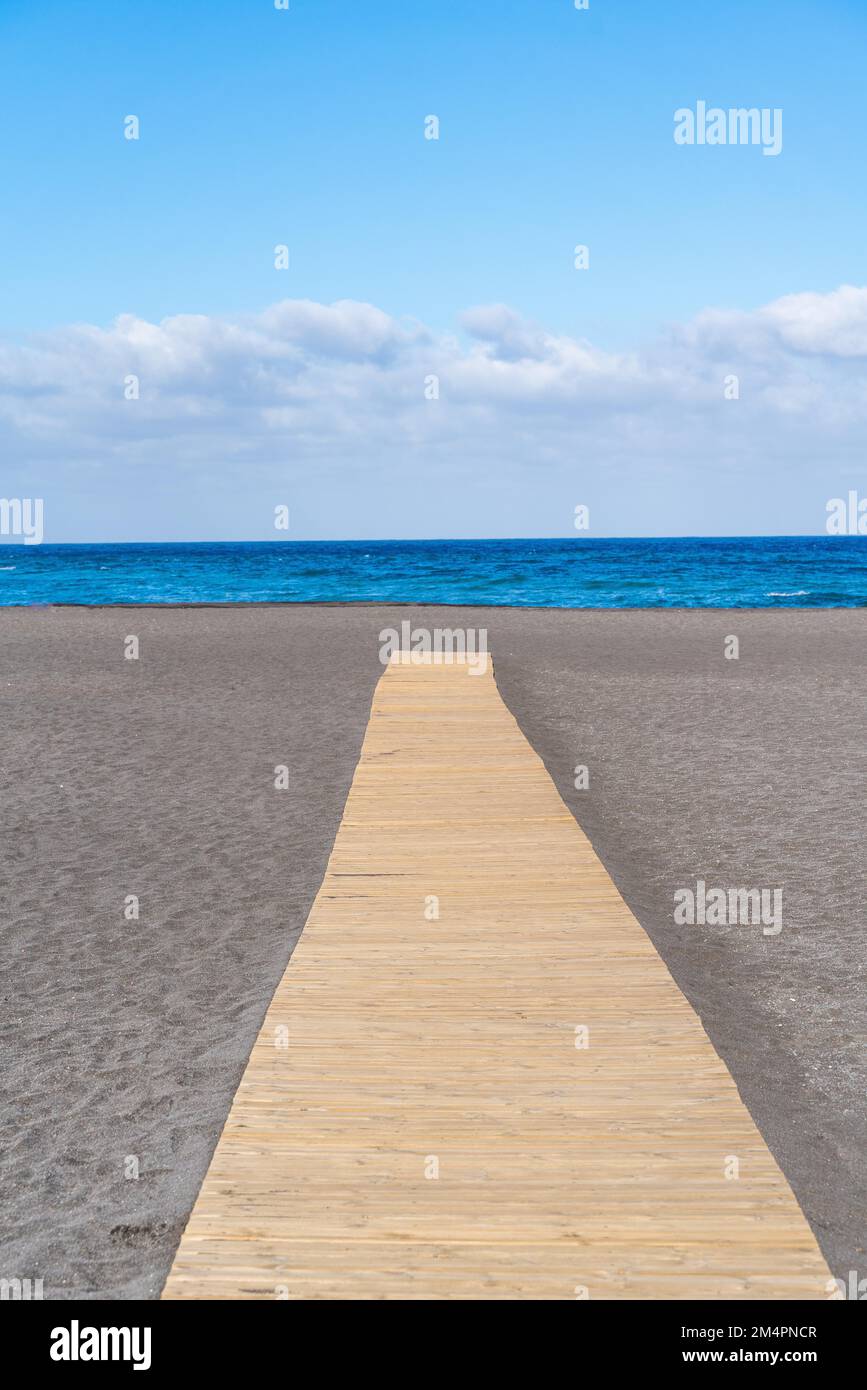 Wooden plank path on the beach of the capital Santa Cruz, La Palma ...