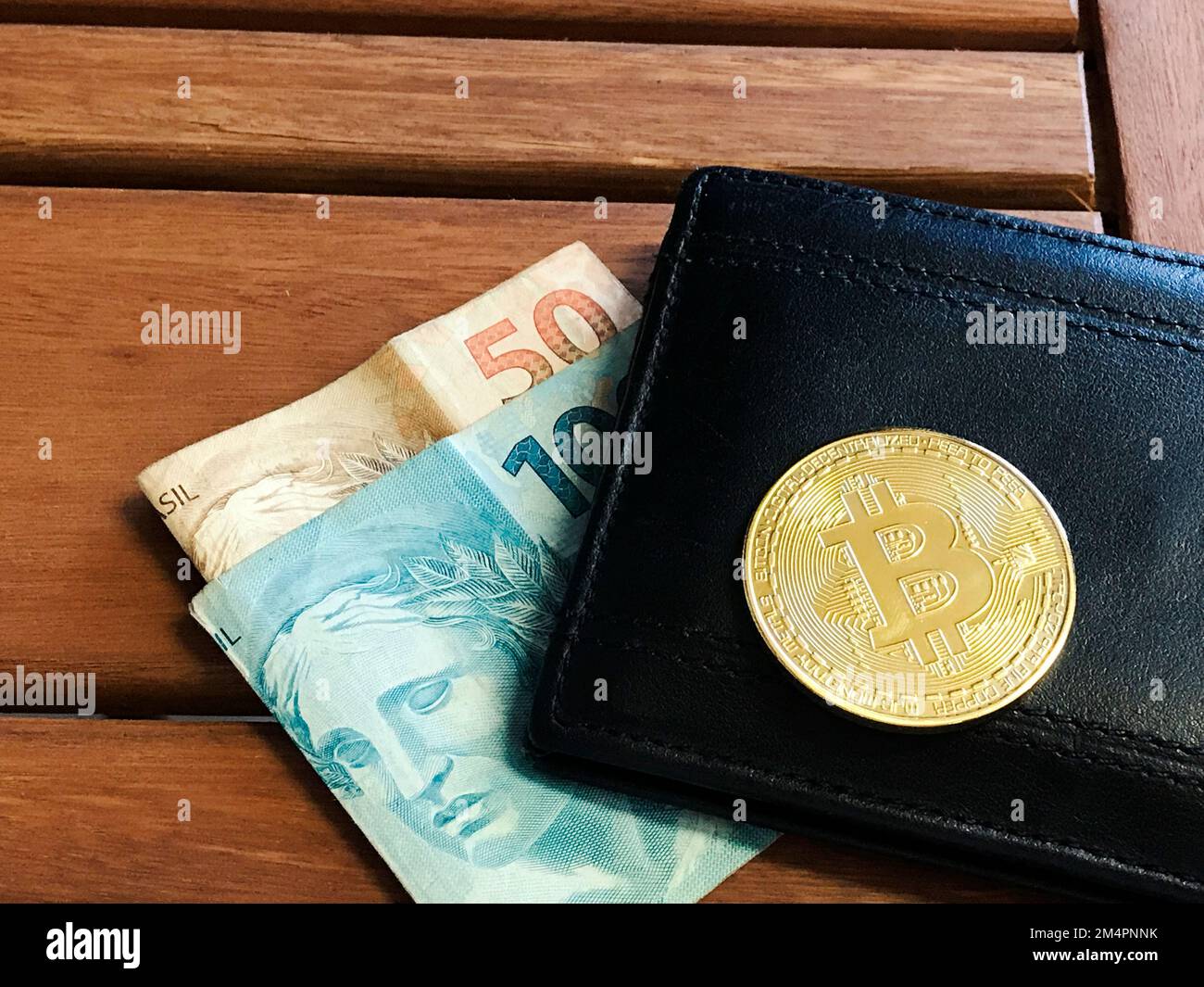 Bitcoin With Real Brazilian Money on Letter Wallet on Wooden Table ...