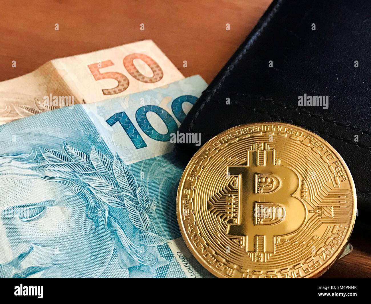 Bitcoin With Real Brazilian Money on Letter Wallet on Wooden Table ...