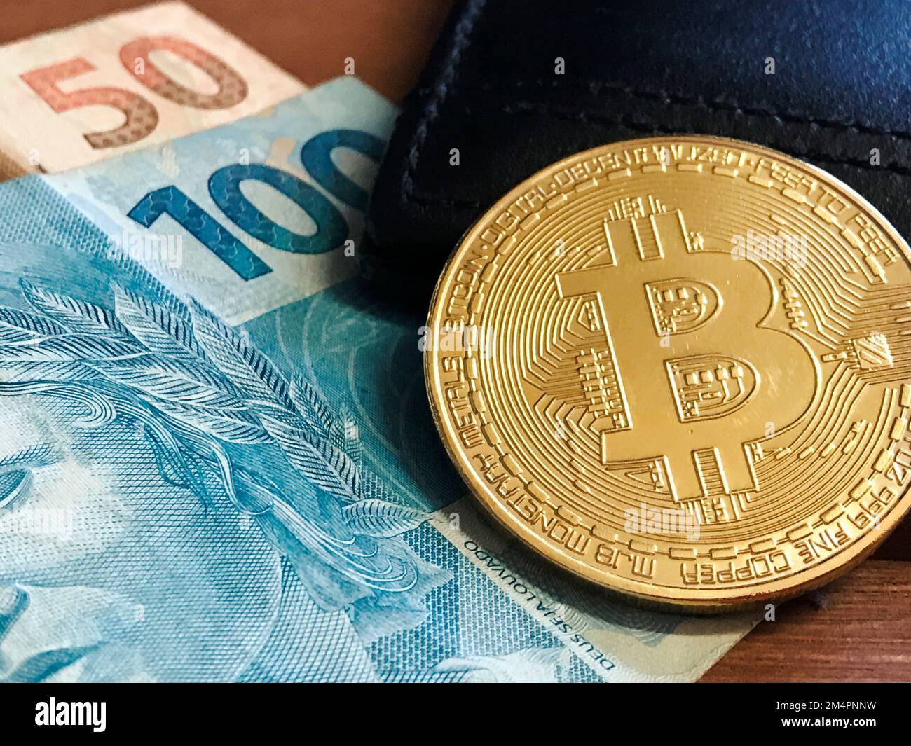 Bitcoin With Real Brazilian Money on Letter Wallet on Wooden Table ...