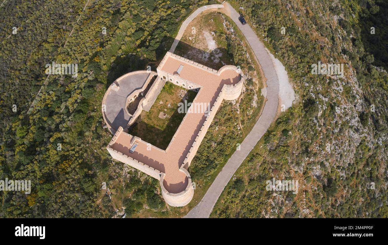 Drone shot, directly from above, access road, Aptera fortress, Koule ...
